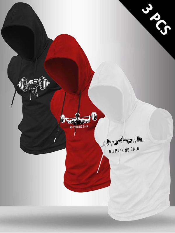 Men's 3-Piece Sports Pattern Hooded Sleeveless T-Shirt Set, Casual ...