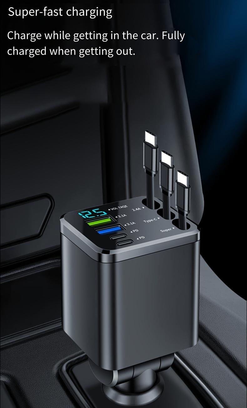 8-in-1 Car Fast Charger with 3 Retractable Cables 180° Adjustment LED ...