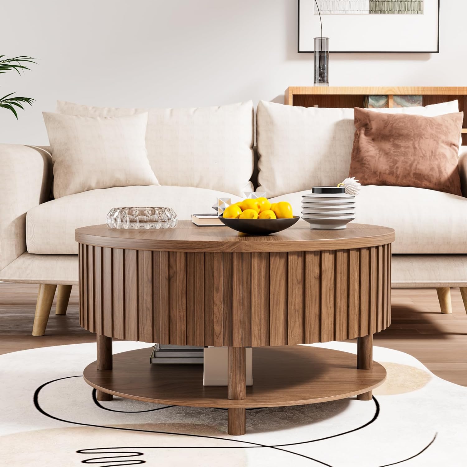 Round Lift Top Coffee Table with Storage, Mid Century Modern 2-Tier ...