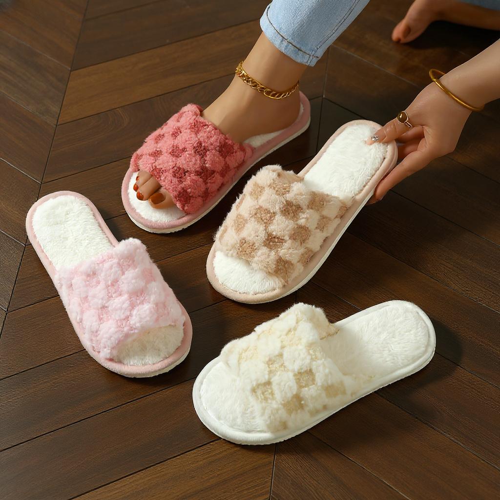 Cozy Fuzzy Slippers Checkered Fluffy Warm Home Cotton Plaid Design Soft ...