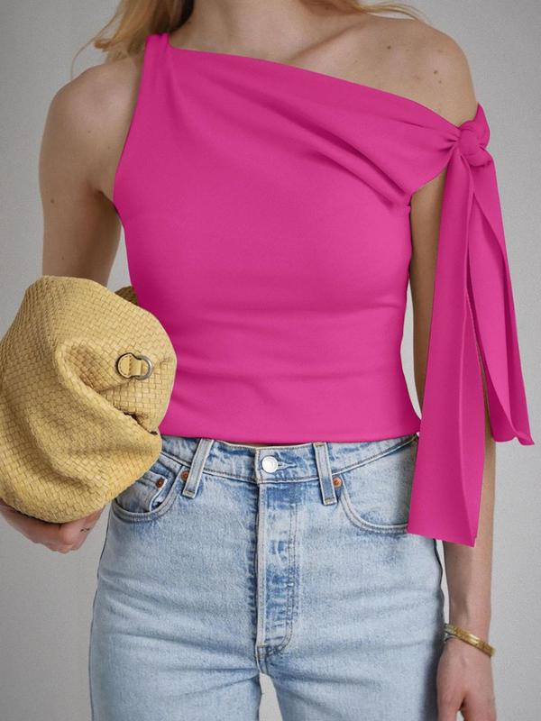 One Shoulder Lace Up Sleeveless T-shirt Top Solid Color Pullover Crop ...