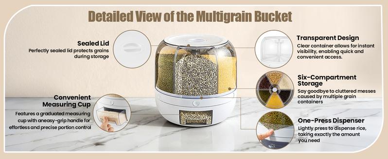 Grain Storage Container Dispenser, 6 Grids Rice Dispenser Rotating, 360 ...