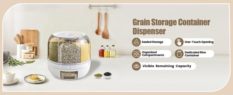 Grain Storage Container Dispenser, 6 Grids Rice Dispenser Rotating, 360 ...