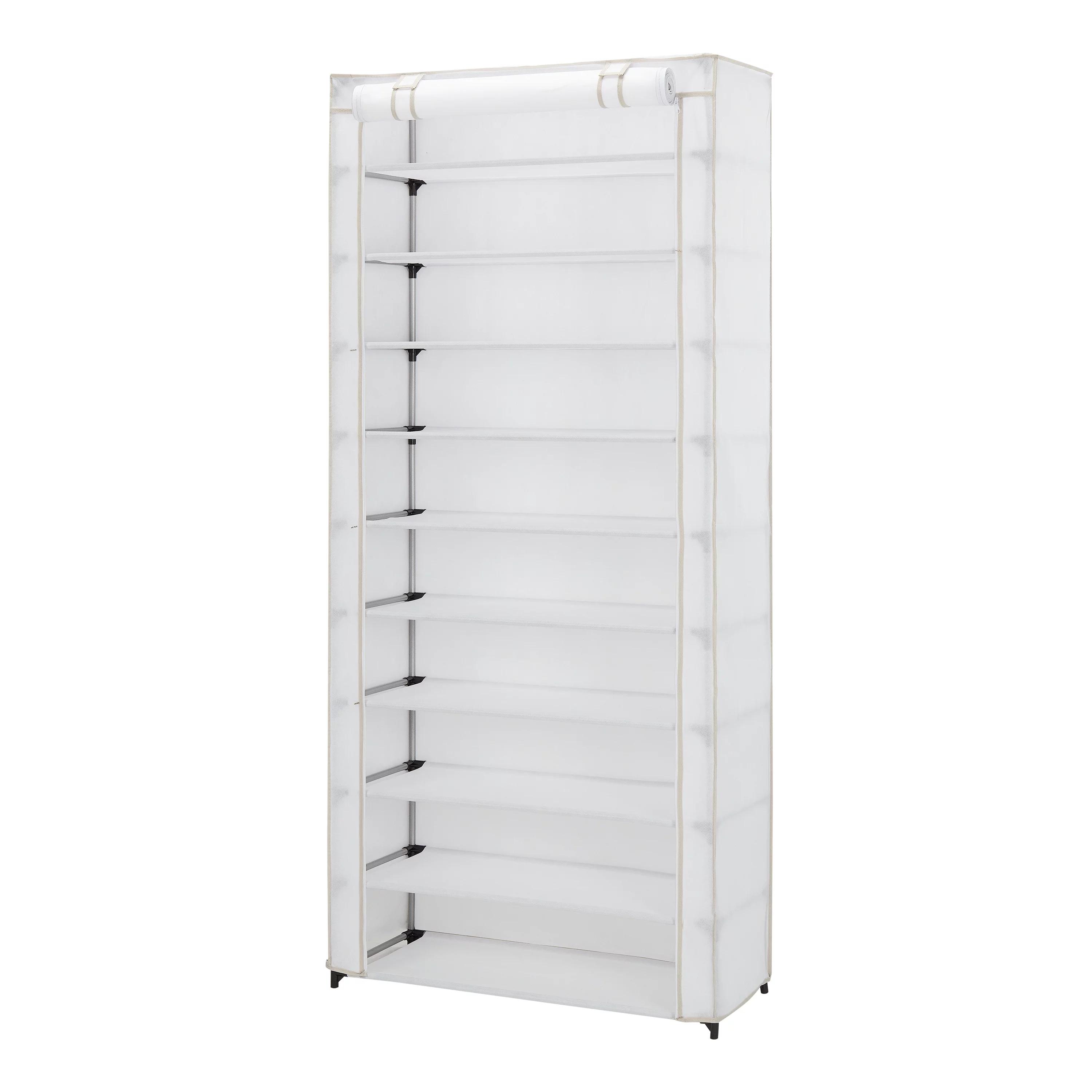 10 Shelf Organizer Shoe Rack with Cover to Hold 30 Pair Shoes, White ...