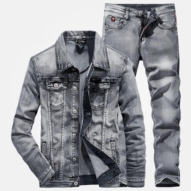 Men 2 piece sets new simple autumn smoky gray long sleeve jacket ...