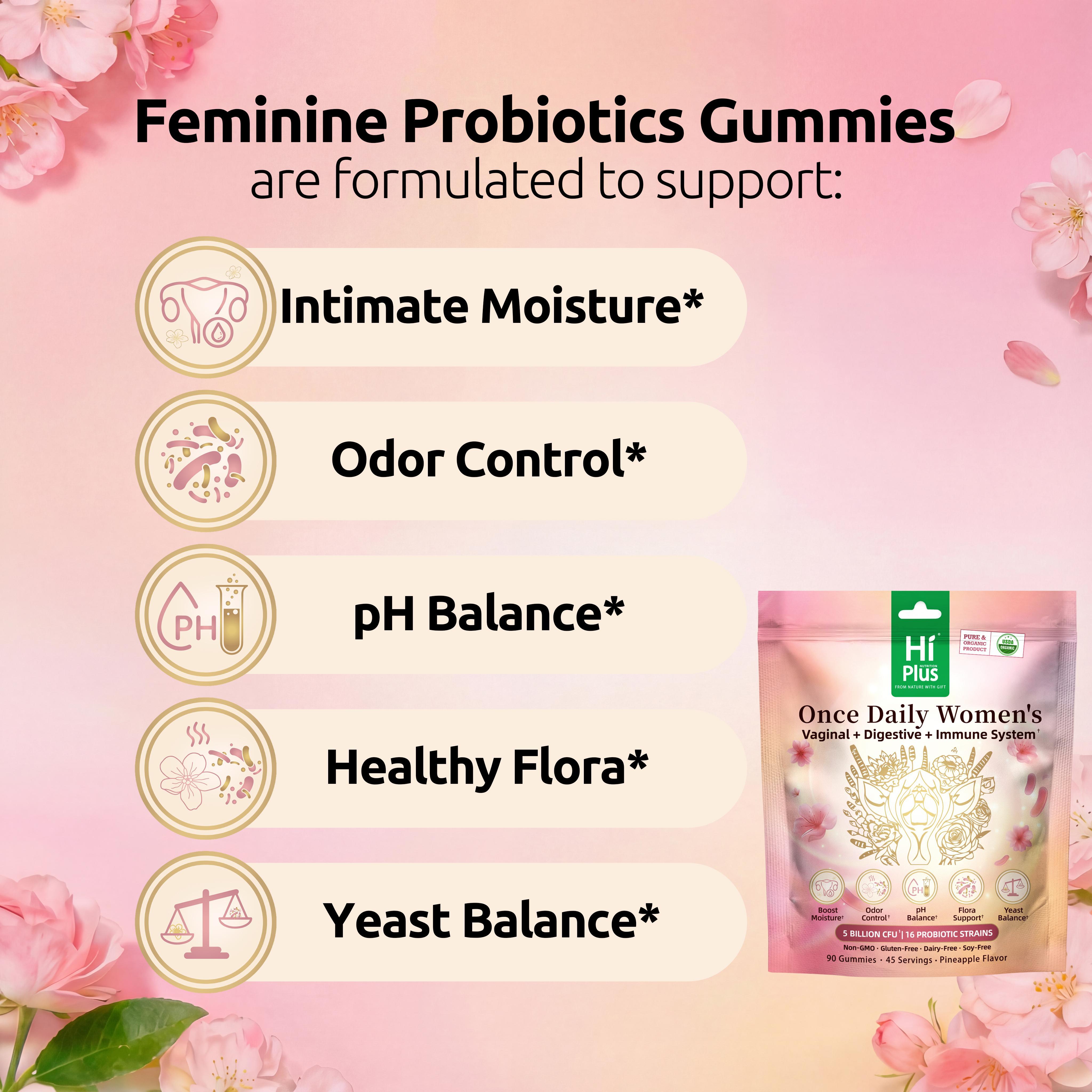 HiPlus Women's Probiotic Gummies with Prebiotic Fiber - Supports pH ...