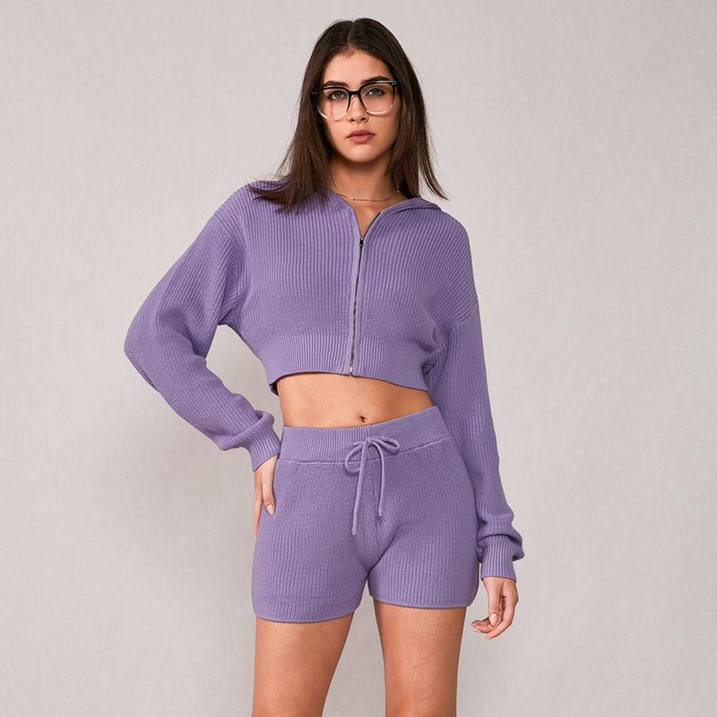 TimeOFF Women's 2-Piece Knit Activewear Set with Hooded Zip-Up Crop Top ...