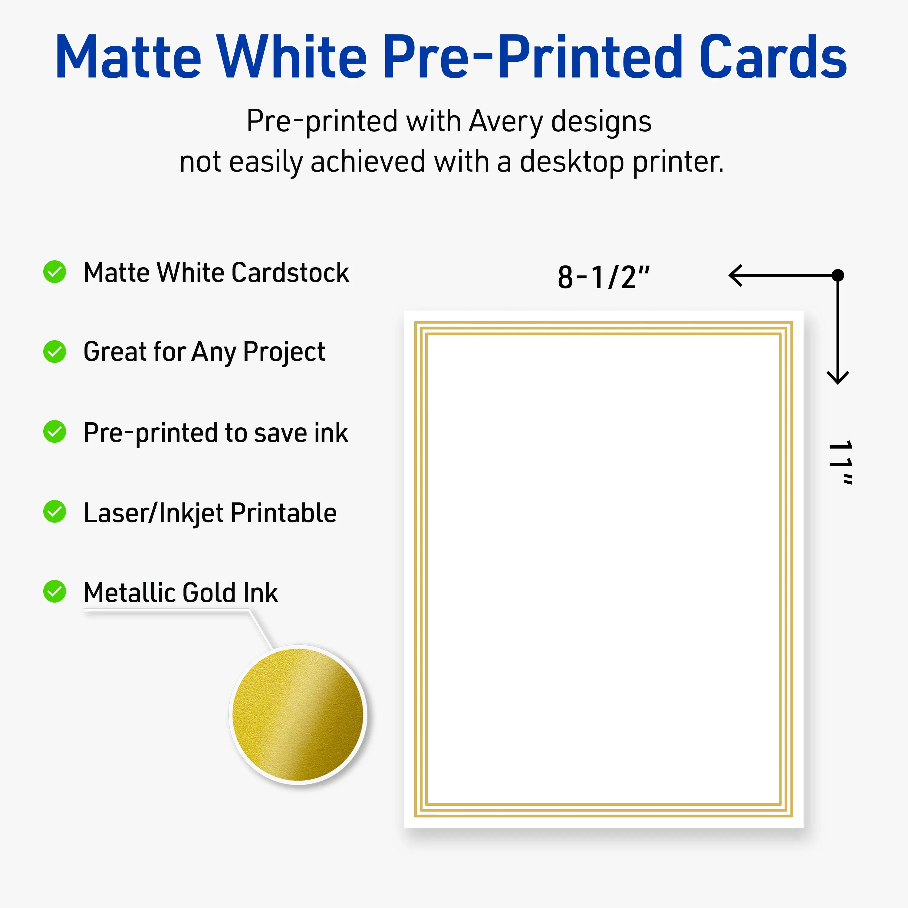 Avery Printable Full-Sheet Cardstock, Gold Multi-Lined Border, 8.5