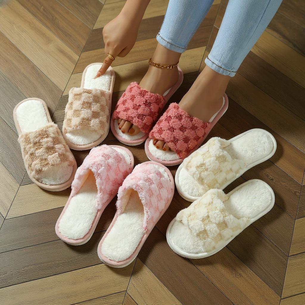 Cozy Fuzzy Slippers Checkered Fluffy Warm Home Cotton Plaid Design Soft ...