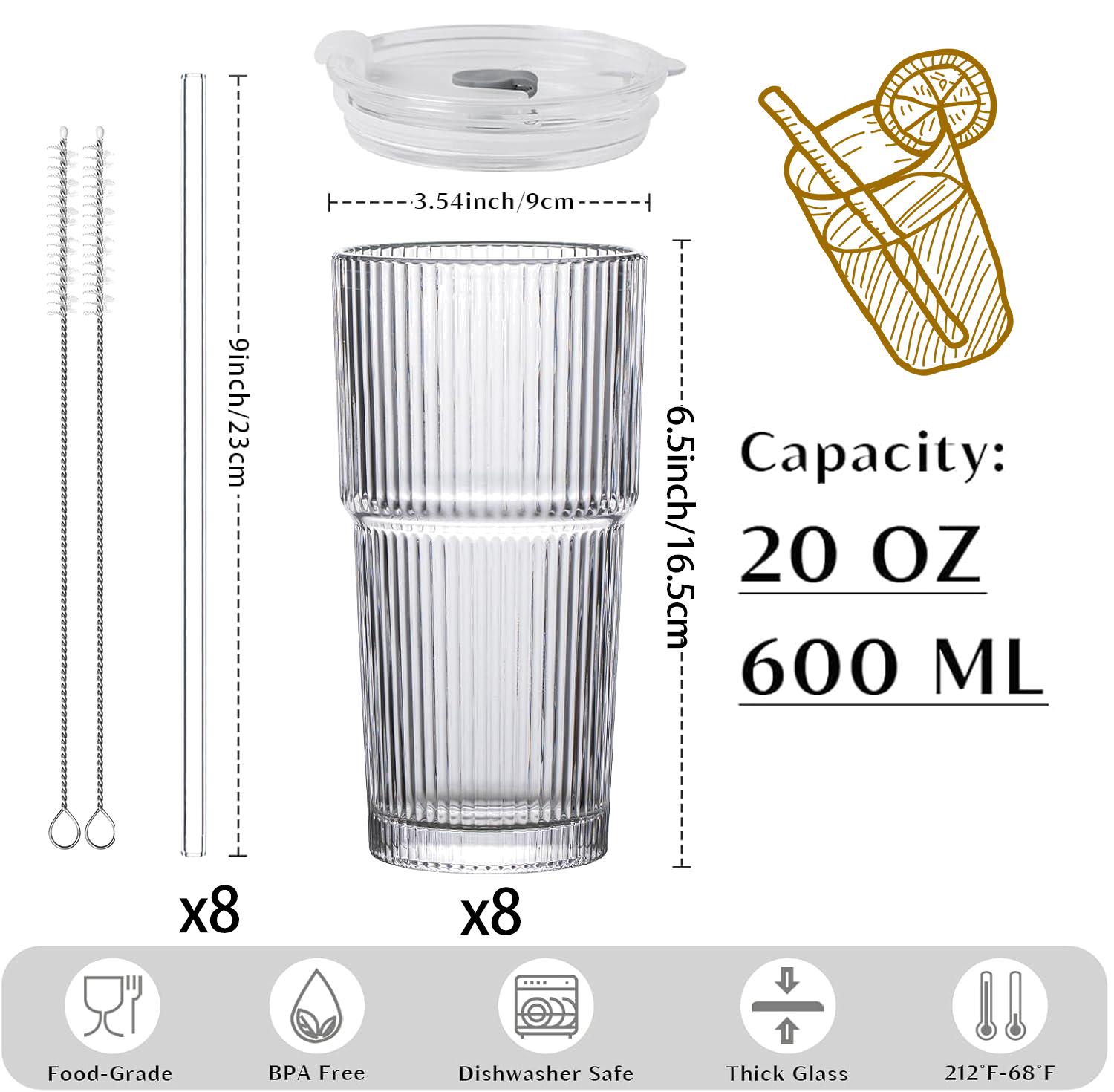 Nifogo Reusable Vintage Glass Tumblers with Lids, Leakproof Striped ...