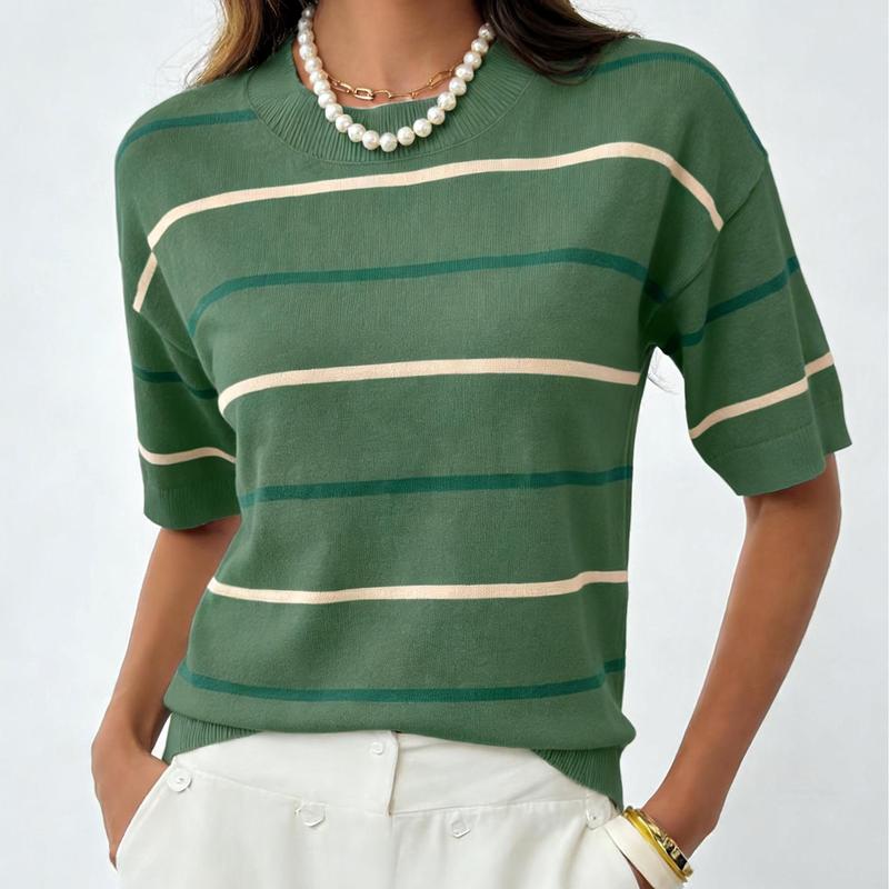 Shewin 2026 Spring/Summer Women's Short Sleeve Striped Sweatshirt ...