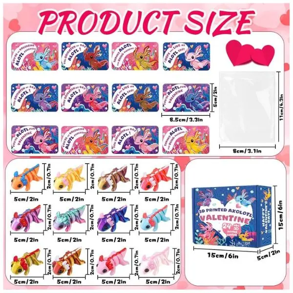 Valentines Day Gifts Cards for Kids 24 Pack 3D Printed Animals Axolotl ...