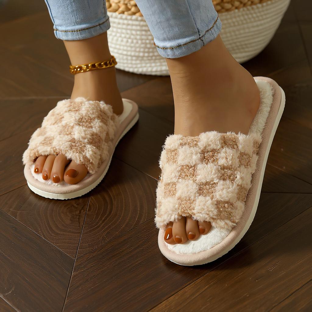 Cozy Fuzzy Slippers Checkered Fluffy Warm Home Cotton Plaid Design Soft ...