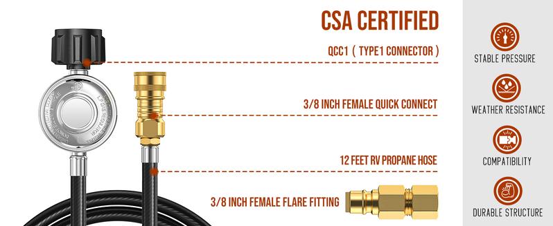 12FT Propane Hose with Regulator, 3/8" inch Quick Connect Disconnect ...