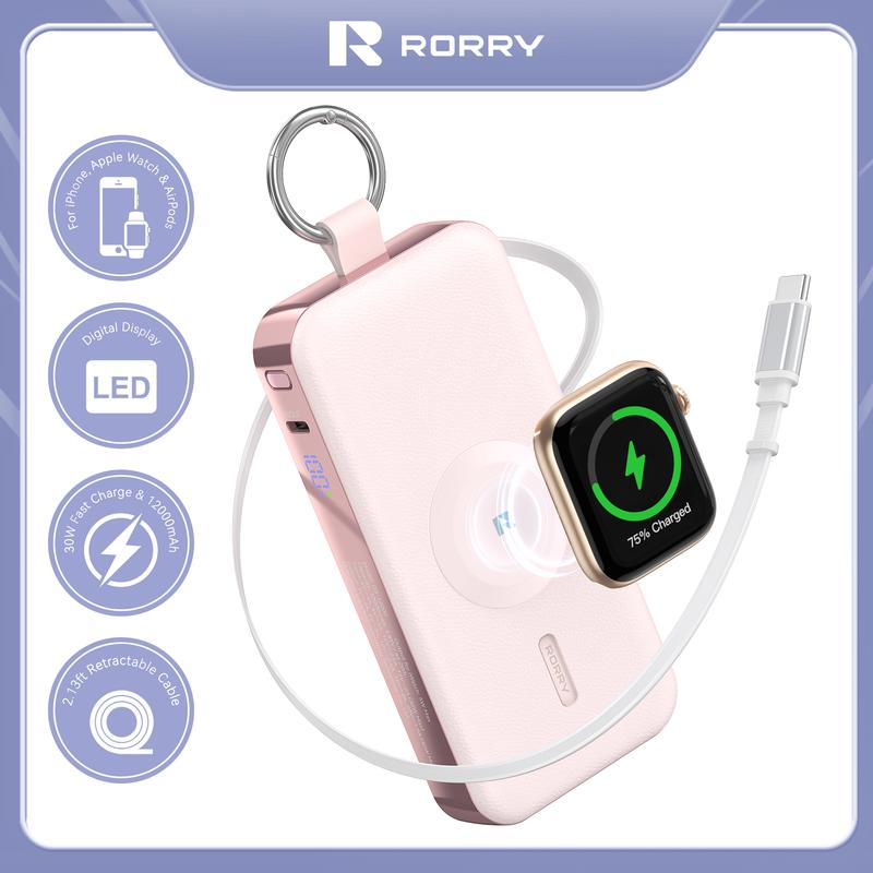 RORRY 12000mAh Power Bank 30W Fast Charging with Built-in Retractable ...