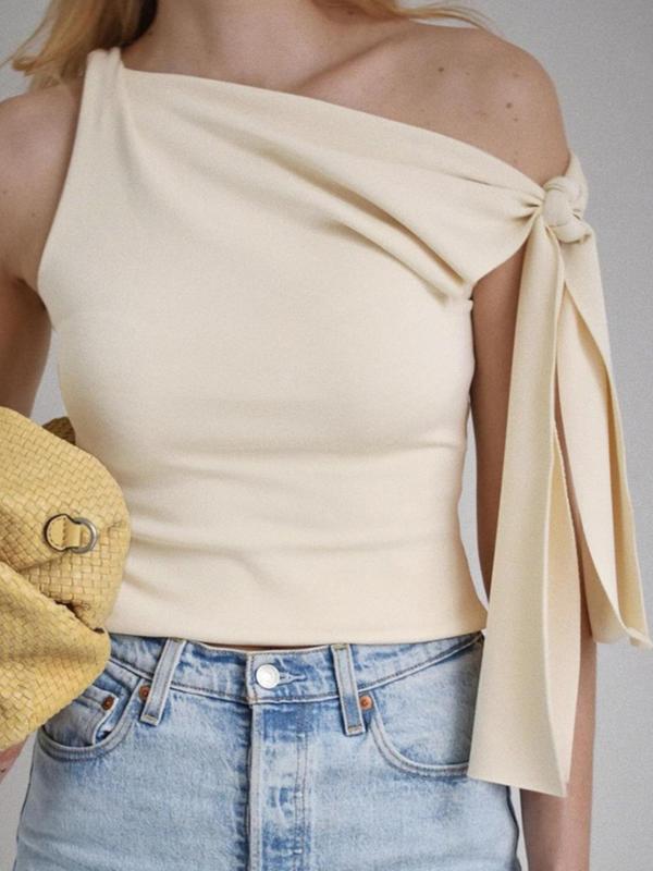 One Shoulder Lace Up Sleeveless T-shirt Top Solid Color Pullover Crop ...