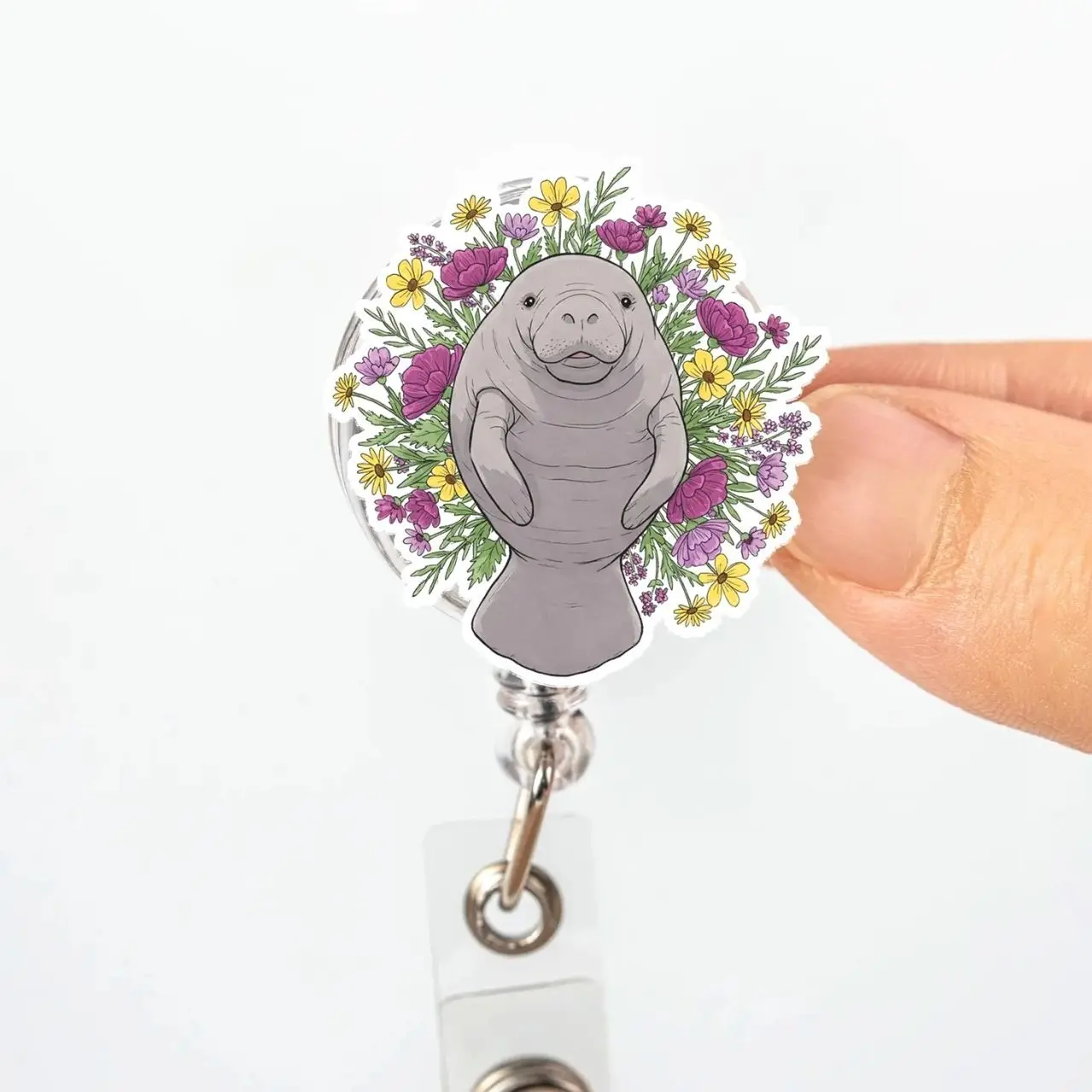 Floral Manatee Badge Reel, Cute Sea Cow Retractable ID Holder with ...
