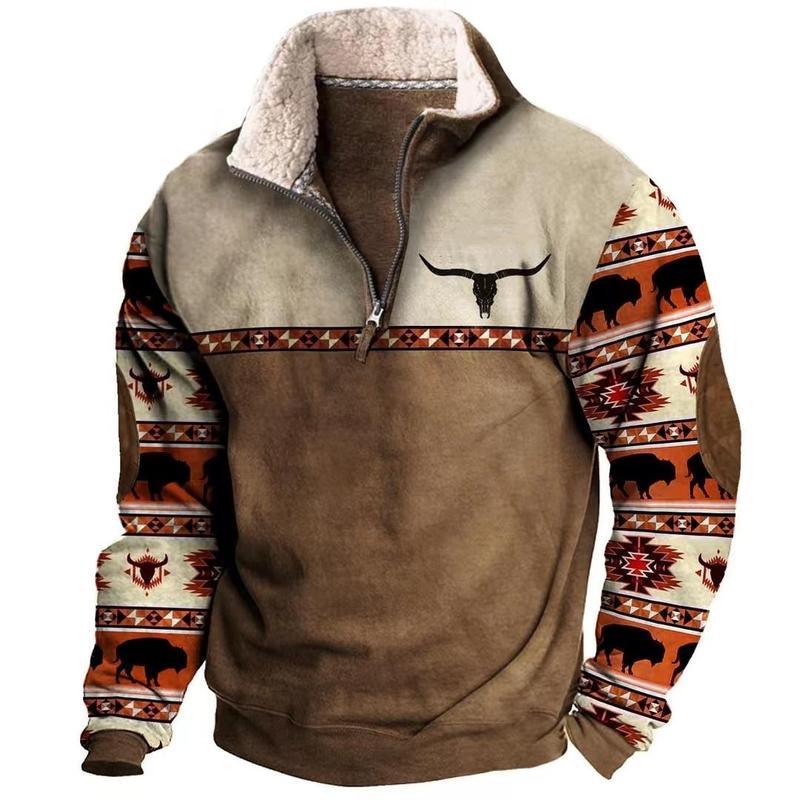 Men's Western Fleece Jacket Cowboy Bull Head Print Pullover 1/4 Zip ...