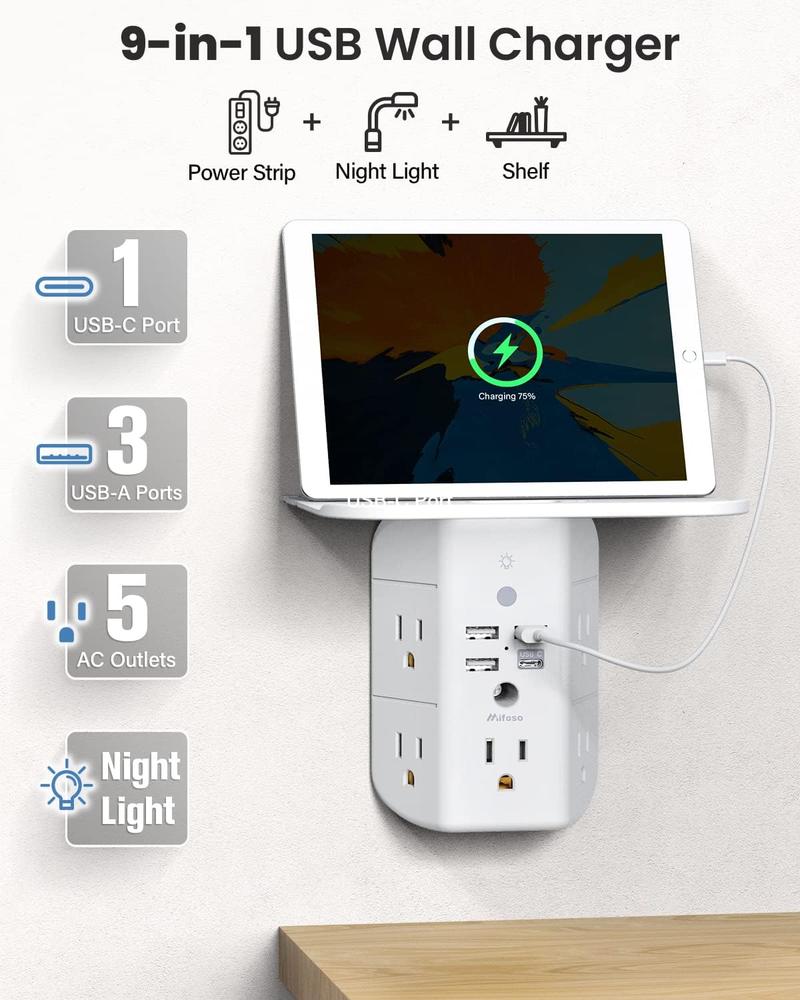 3-Sided Multi Plug Power Strip, Wall Extender with Shelf, Night Light ...