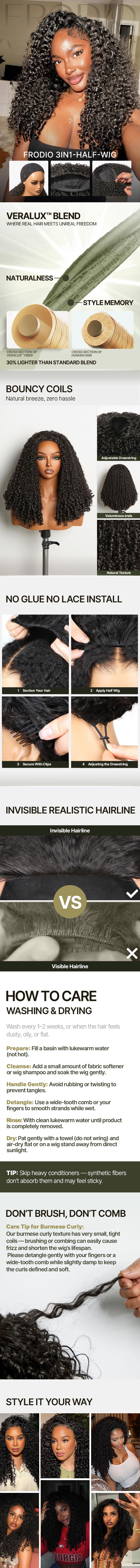 [Blend] Frodio Veralux™ Blend Human Hair 18" Burmese Curly 3-in-1 Half ...