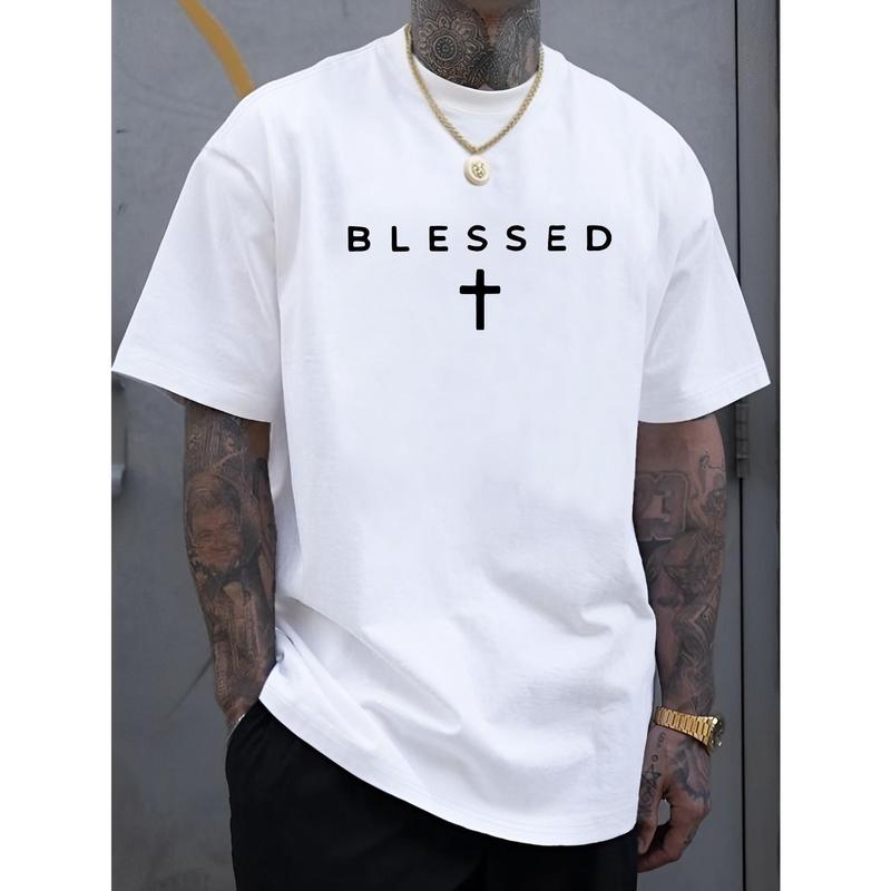 Men’s Faith-Inspired Black Graphic Tee with Cross and Blessed Print ...