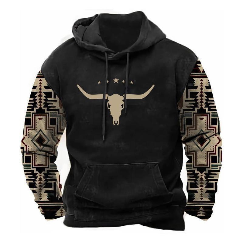 Men's Aztec Hoodie Western Cowboy Hooded Sweatshirt Warm Loose Casual ...