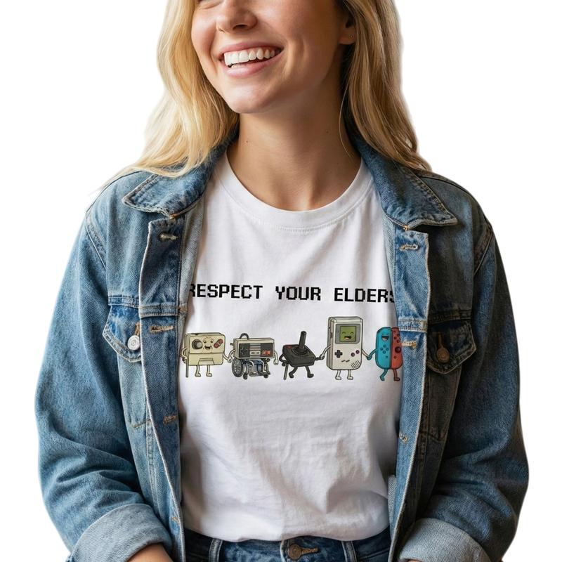 Funny "Respect Your Elders" Retro Gamer T-Shirt. Nostalgic 90s Pixel ...