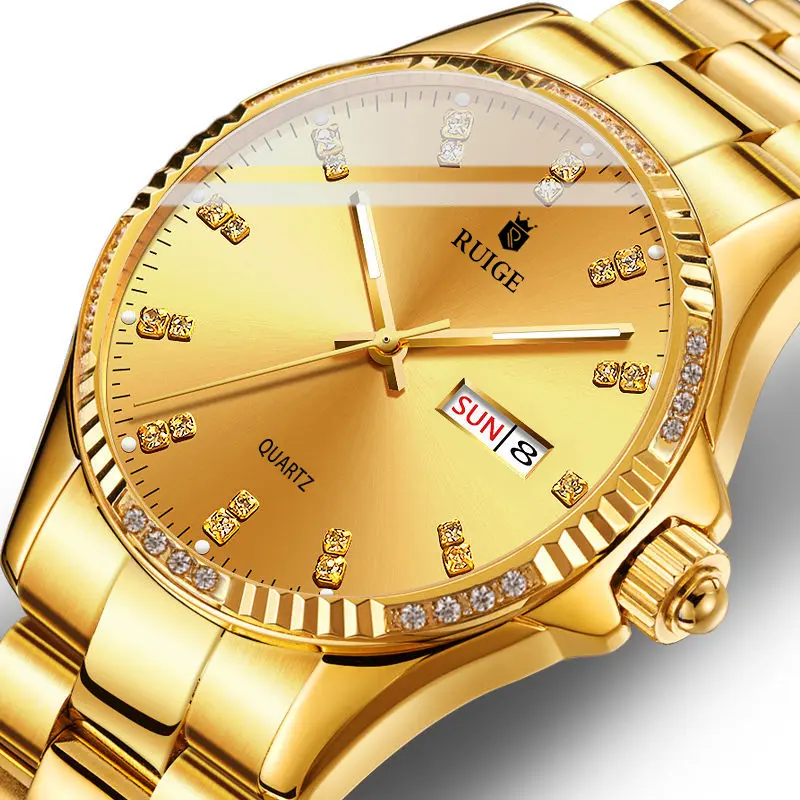 RUIGE Luxury Men's Dual Calendar Water-Resistant Stainless Steel ...
