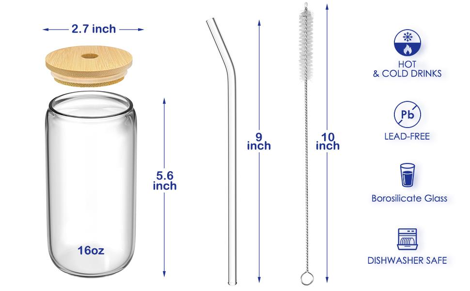 4 Glass Cups with Lids, Straws, and Brushes - 16 oz Drinking Cup Set ...