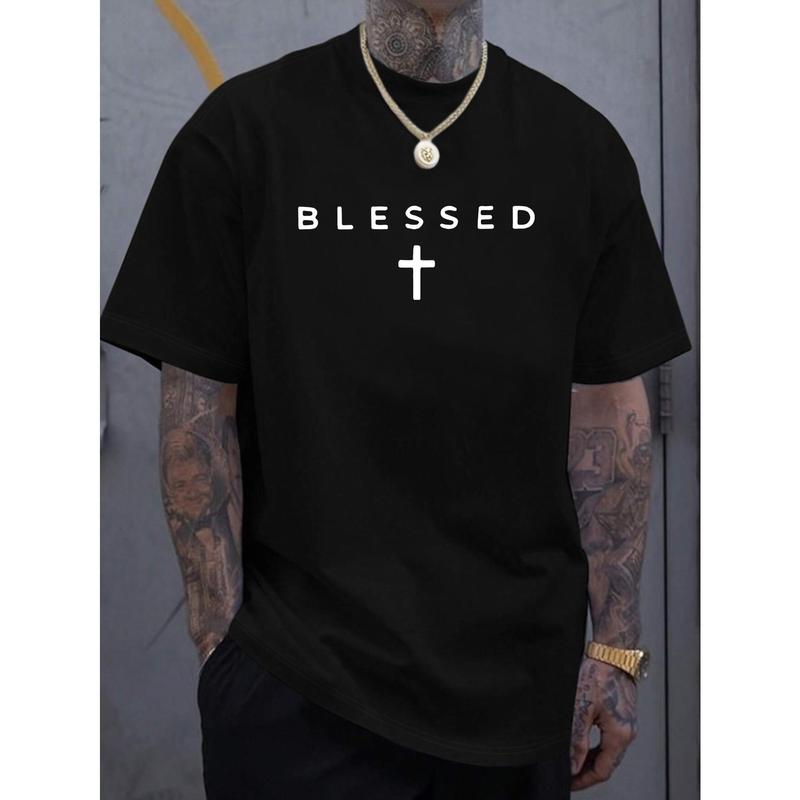 Men’s Faith-Inspired Black Graphic Tee with Cross and Blessed Print ...