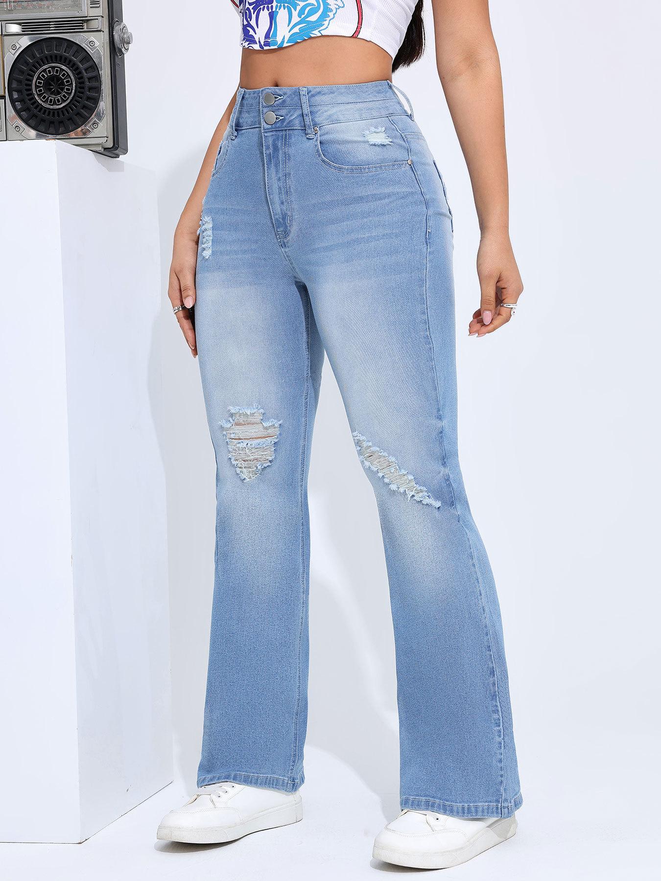 Women's High Elastic Distressed Slim Fit Denim Pants - TikTok Shop