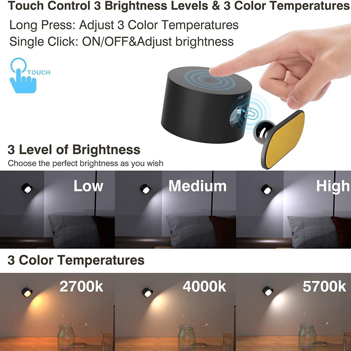 Punch-Free LED Sconce Lights USB Rechargeable Wall Light Cordless 360 ...