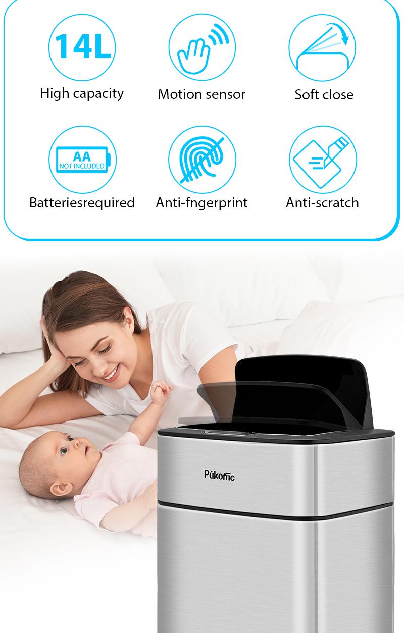 Pukomc Smart Sensing Touchless Trash Can 14L Motion Activated Auto Open ...