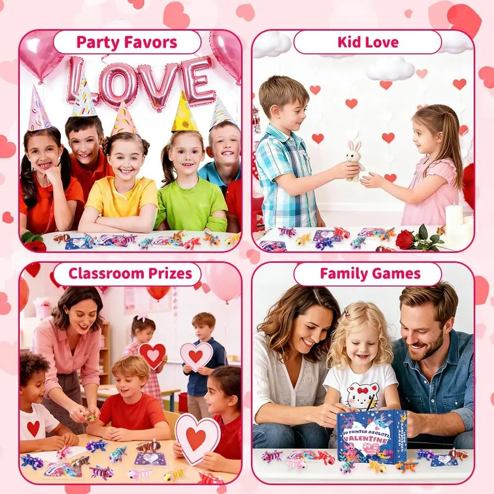 Valentines Day Gifts Cards for Kids 24 Pack 3D Printed Animals Axolotl ...