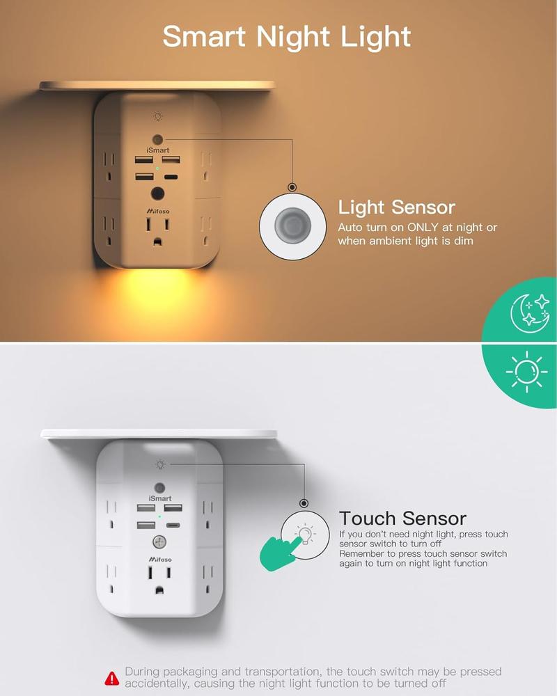 3-Sided Multi Plug Power Strip, Wall Extender with Shelf, Night Light ...