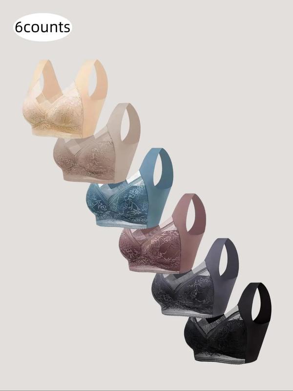 Women's 6pcs Contrast Lace Bra, Soft Comfortable Breathable Push ...