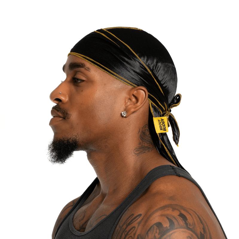 Nick Wavy Collection Silk Durag - Black Body with Yellow Stitch for ...