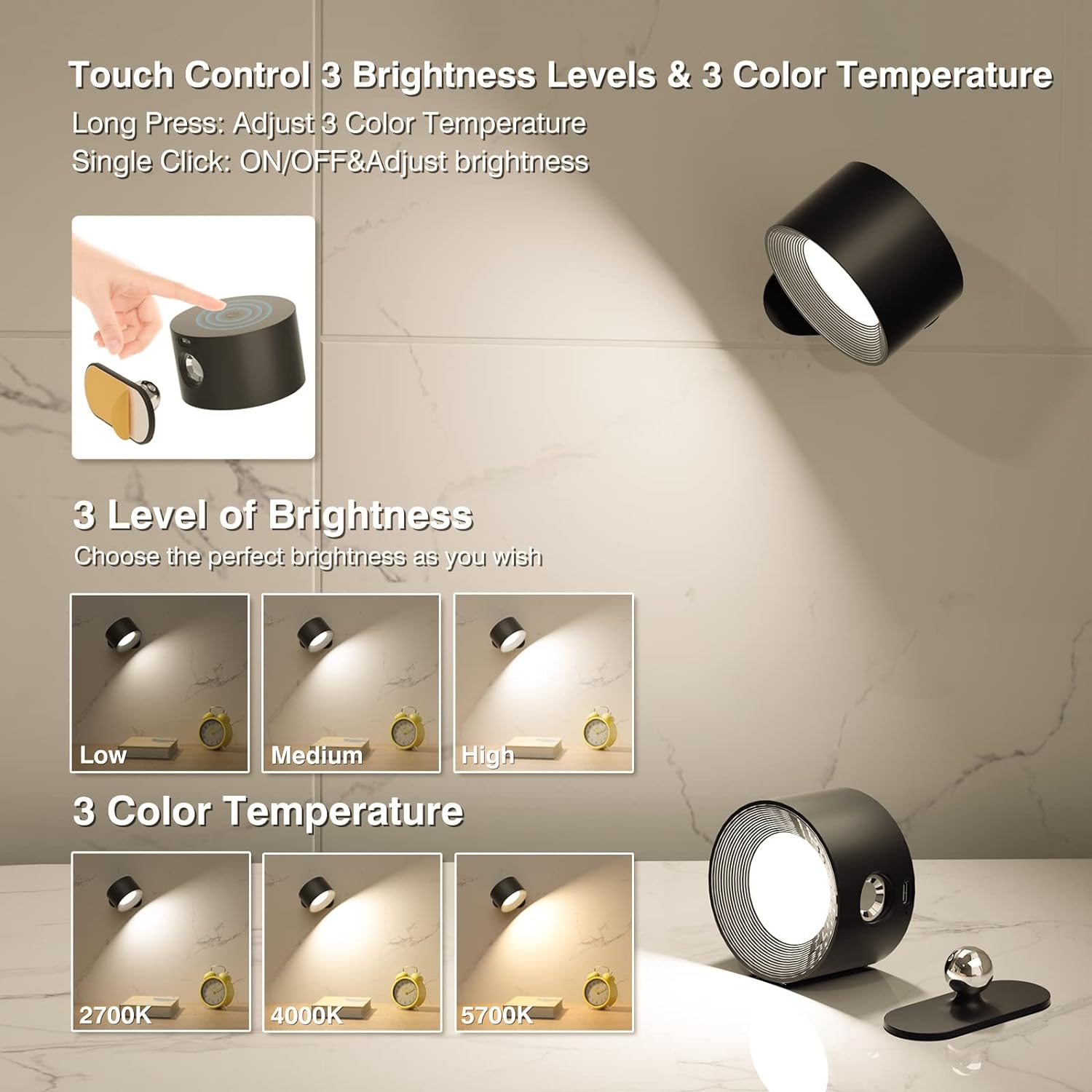 Punch-Free LED Sconce Lights USB Rechargeable Wall Light Cordless 360 ...