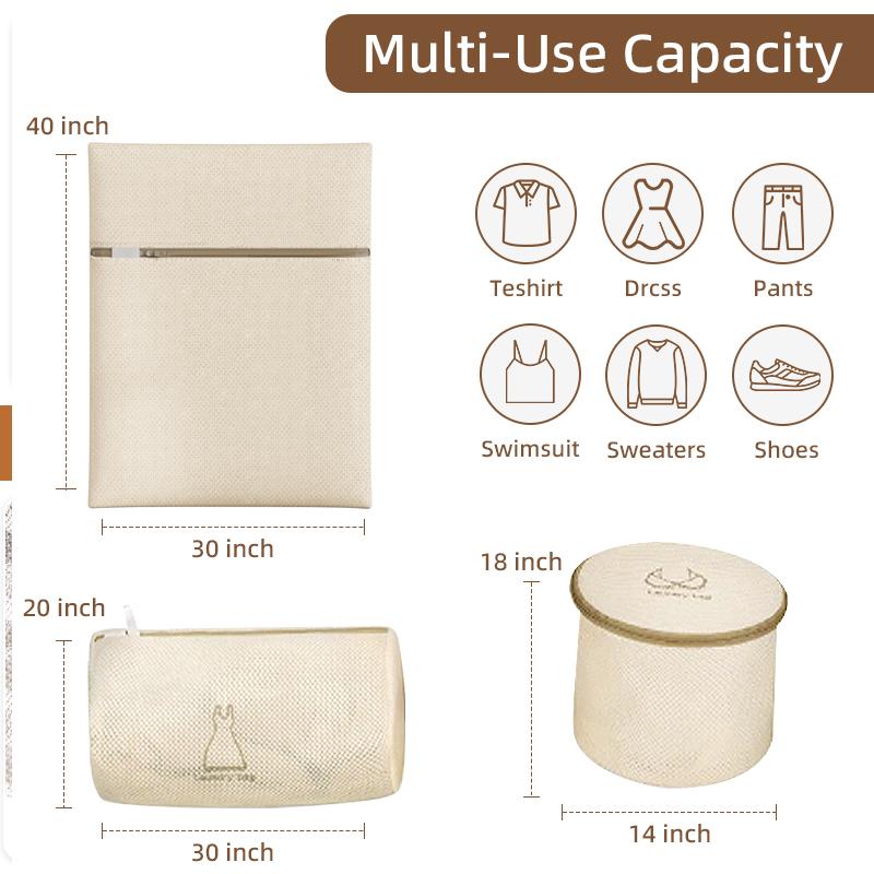 3-Piece Bag, Durable Cotton Mesh Laundry Bag, Sturdy Zipper, Breathable ...