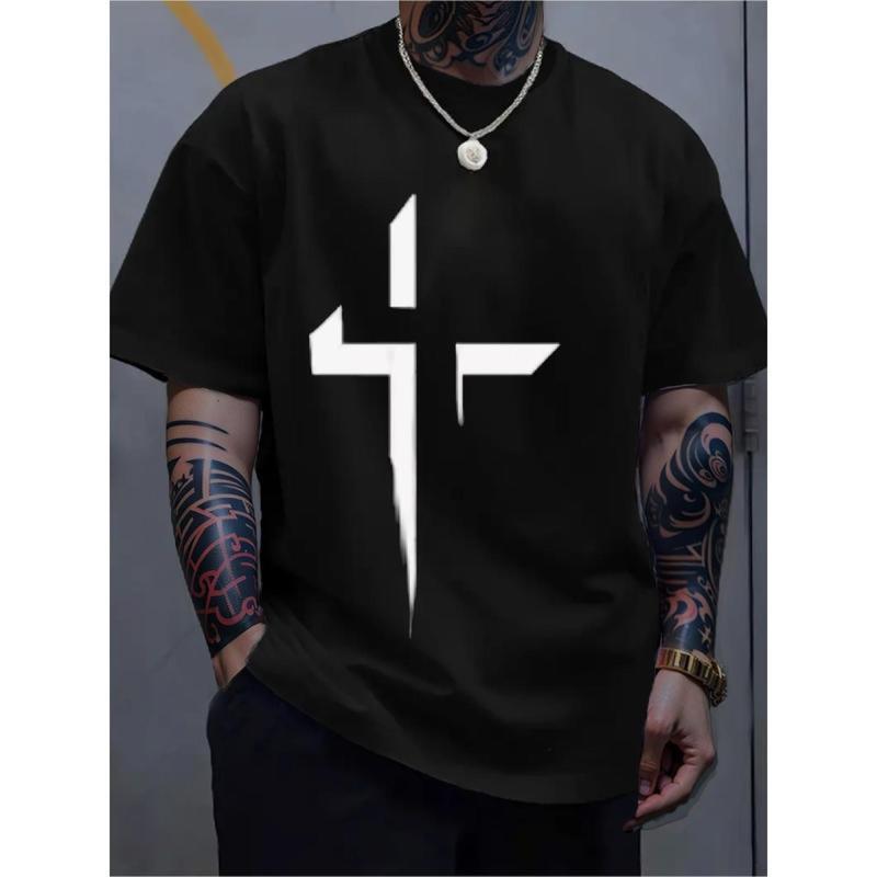 Men's All-Season Pure Crew Neck T-Shirt, with Patterned Cross Print ...