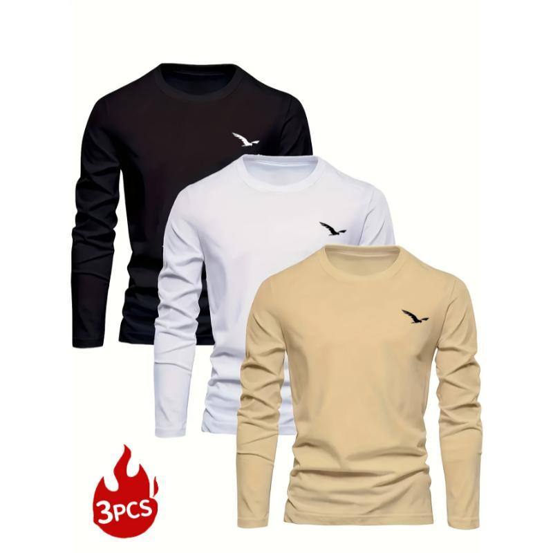 3pcs Men's Casual Crew Neck Long Sleeve T-Shirts - Polyester 95% ...