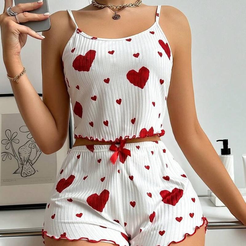Ladies' Homewear Heart Printing Suspender Shorts Casual Sunken Stripe ...