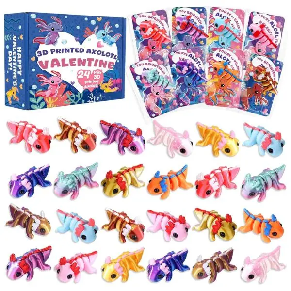 Valentines Day Gifts Cards for Kids 24 Pack 3D Printed Animals Axolotl ...