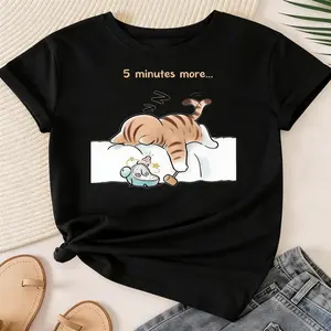 Charming Womens Crew Neck TShirt Featuring Playful Cat and Dog Cartoons ...