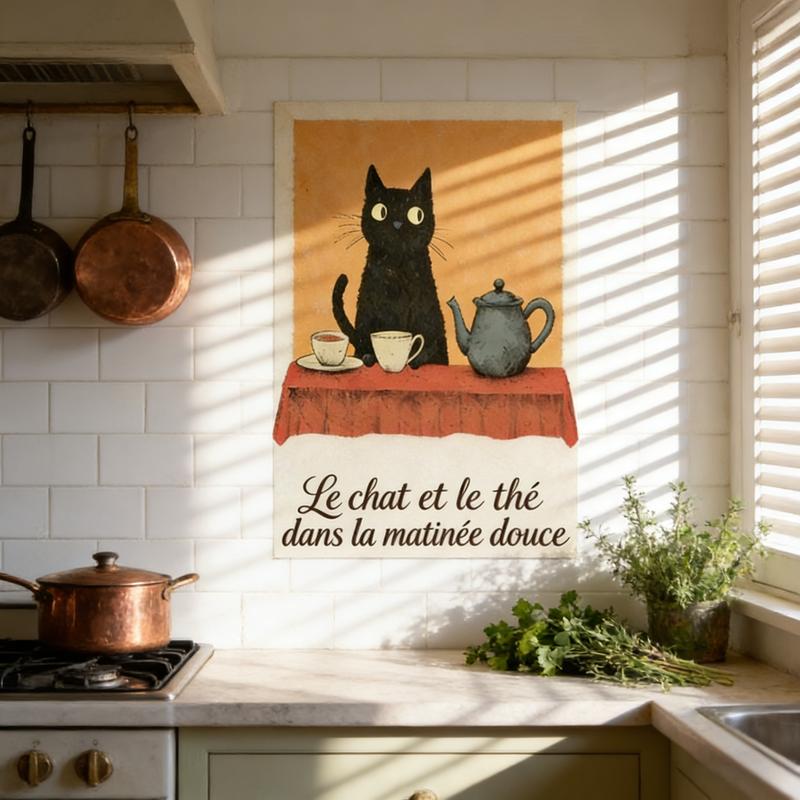 Black Cat Tea Time Wall Art "Le chat et le thé" Print 2026 Edition Cat ...