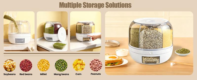 Grain Storage Container Dispenser, 6 Grids Rice Dispenser Rotating, 360 ...