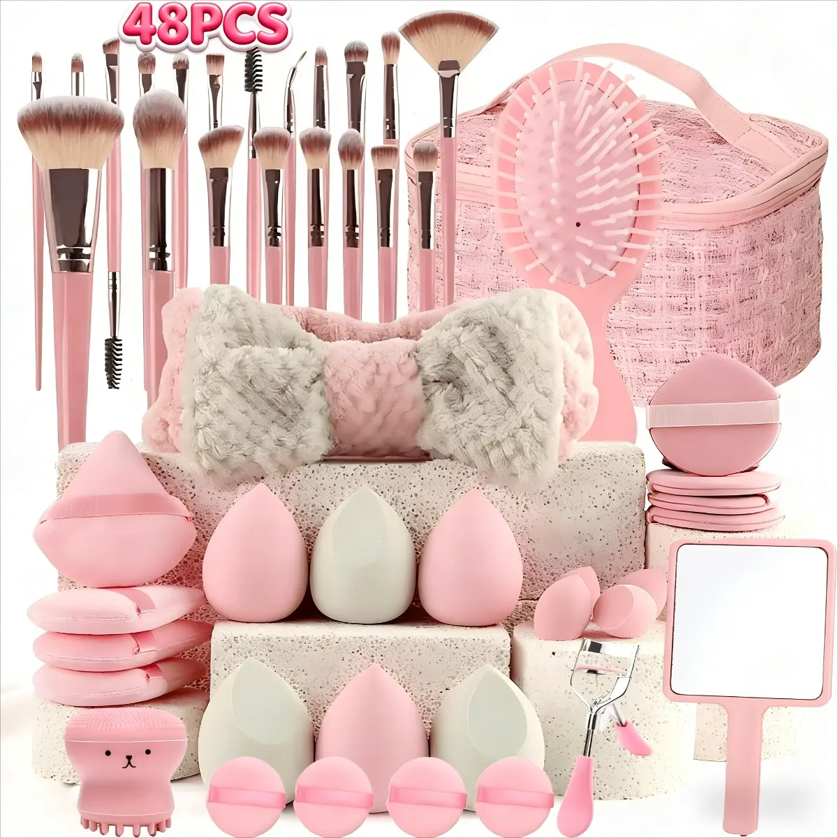 48Pcs Makeup Tool Set,Pink Makeup Brushes Set with Bag Sponge ...