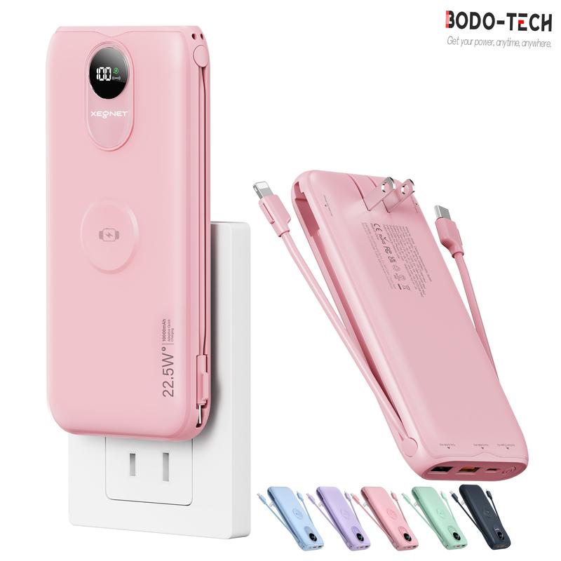 10000mAh Power Bank with Built in Cables Lightning&USB-C, AC Plug ...