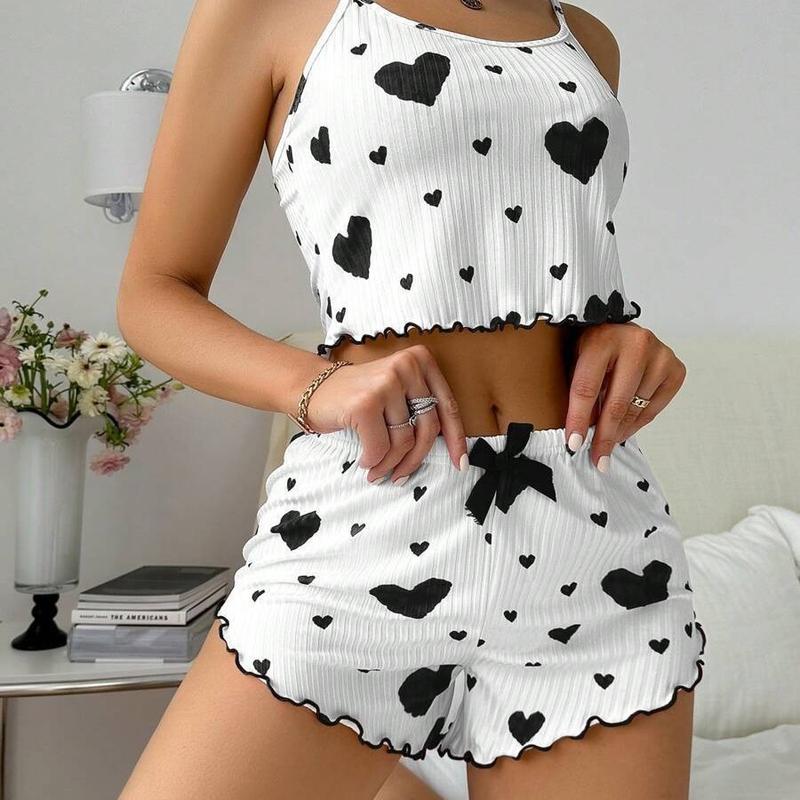 Ladies' Homewear Heart Printing Suspender Shorts Casual Sunken Stripe ...