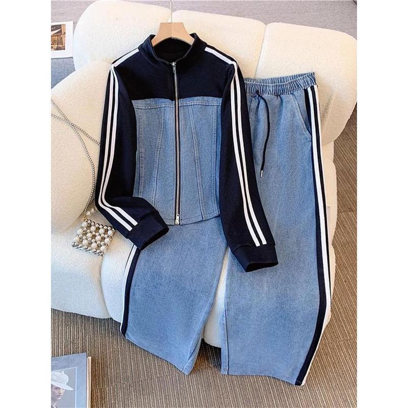 Women Preppy Patchwork Denim Set - Zipper Jacket & Jeans - TikTok Shop
